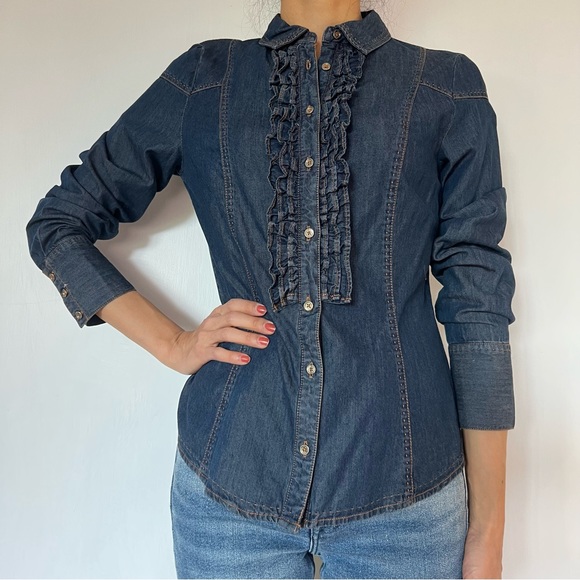 Morgan de Toi | Tops | Morgan De Toi Ruffle Denim Shirt Button Up ...